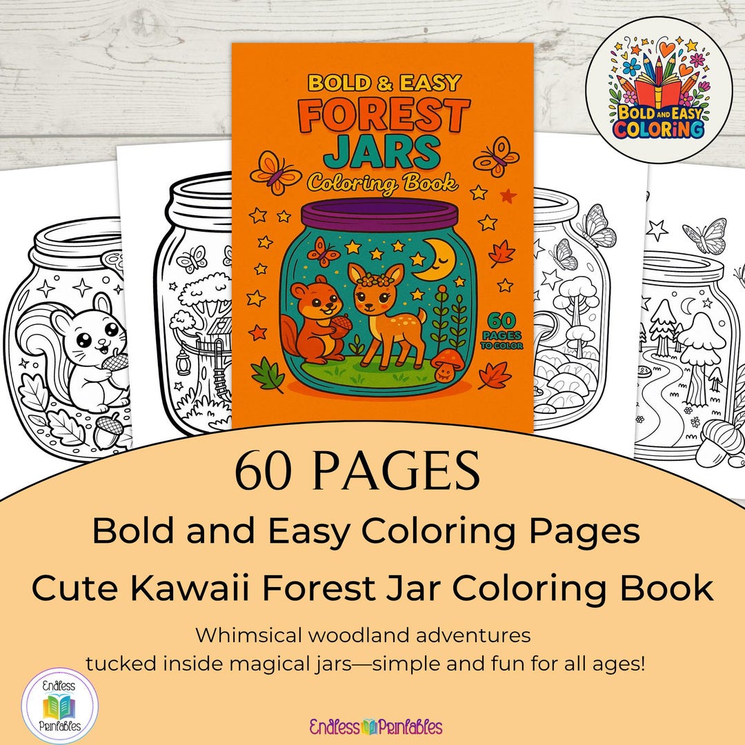 60 Bold and Easy Coloring Pages, Cute Kawaii Forest Jar Coloring Book ...