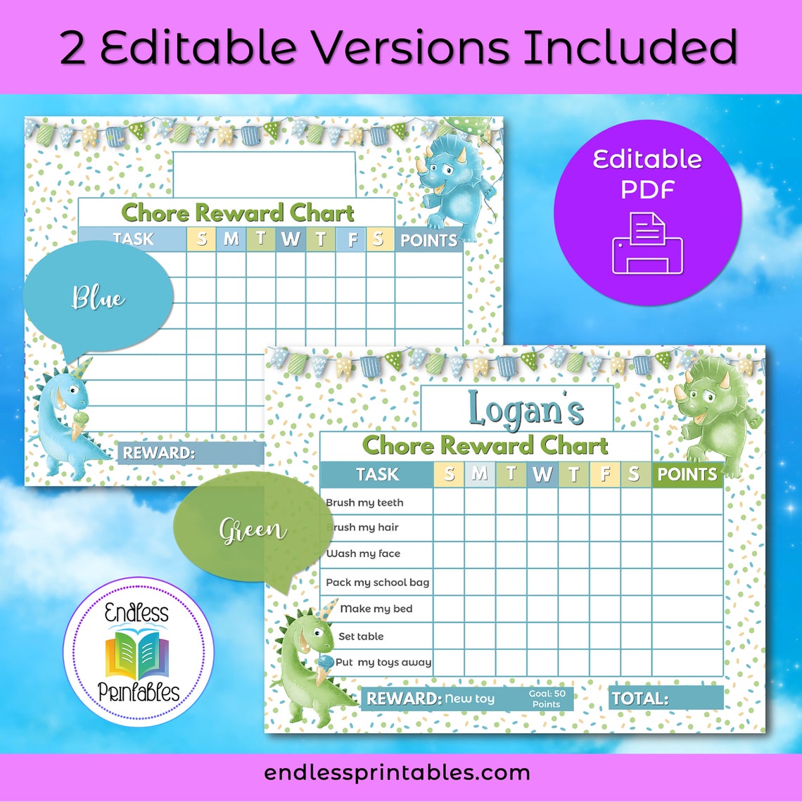 Editable Chore Chart for Kids, Dinosaur Chore Chart printable Kids ...