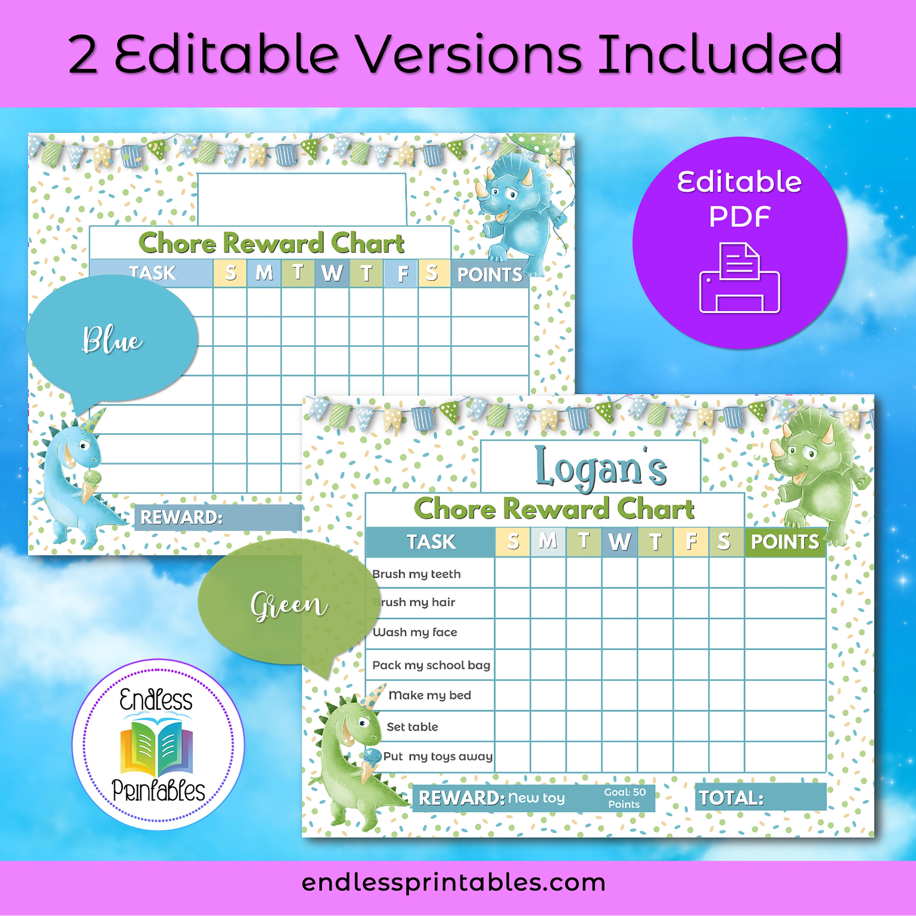 Editable Chore Chart for Kids, Dinosaur Chore Chart printable Kids ...
