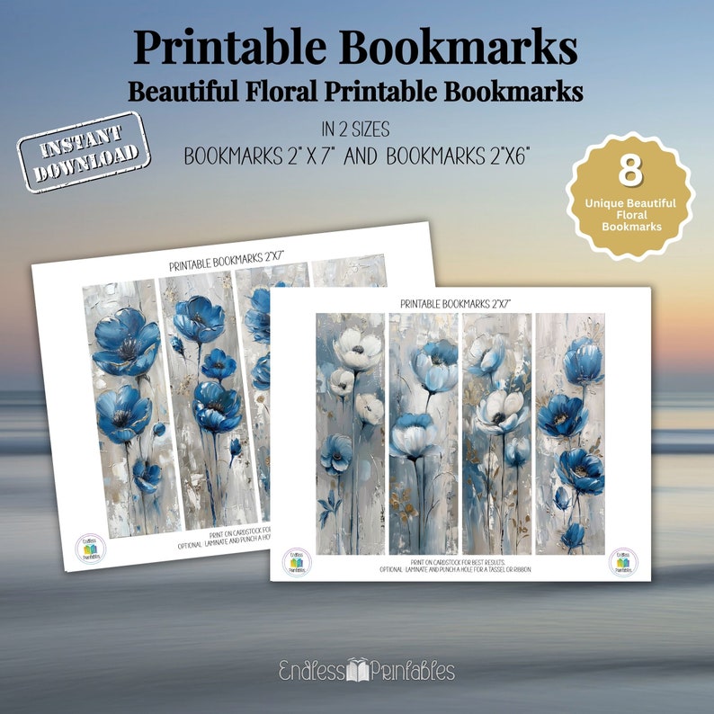 Blue Floral Bookmarks 8 Printable Flower Bookmarks Sublimation Design ...