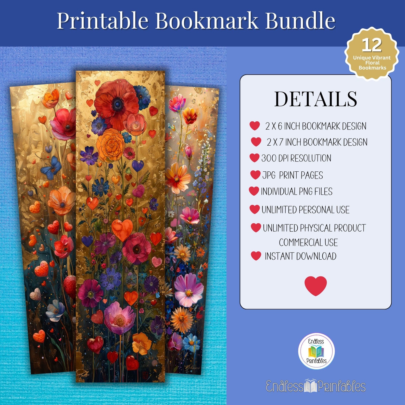 Floral Printable Bookmarks - Bright Colorful Flower Designs (digital ...