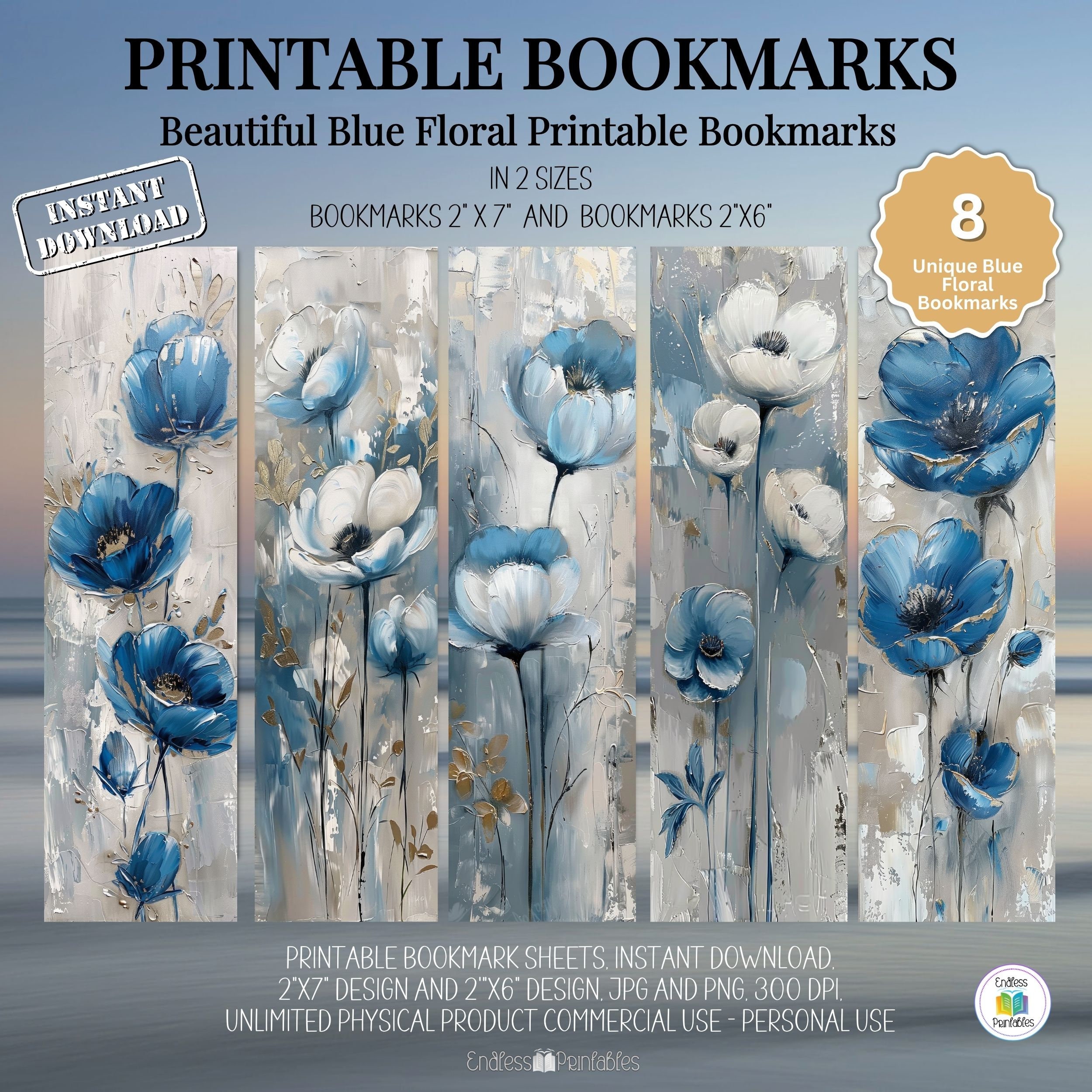 Blue Floral Bookmarks 8 Printable Flower Bookmarks Sublimation Design ...