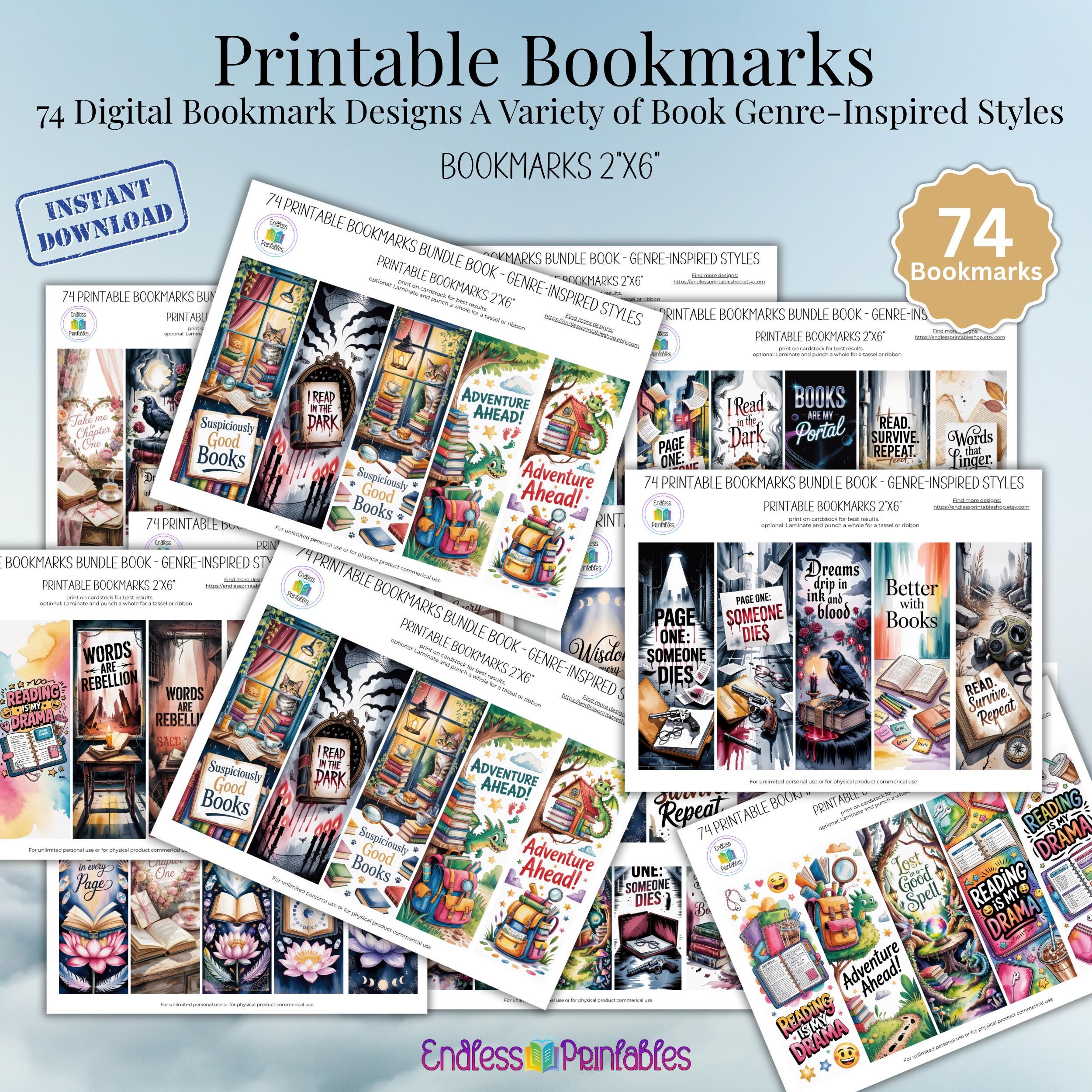 Printable Bookmarks Bundle: 74 Genre-inspired Reading Designs (PNG, PDF ...