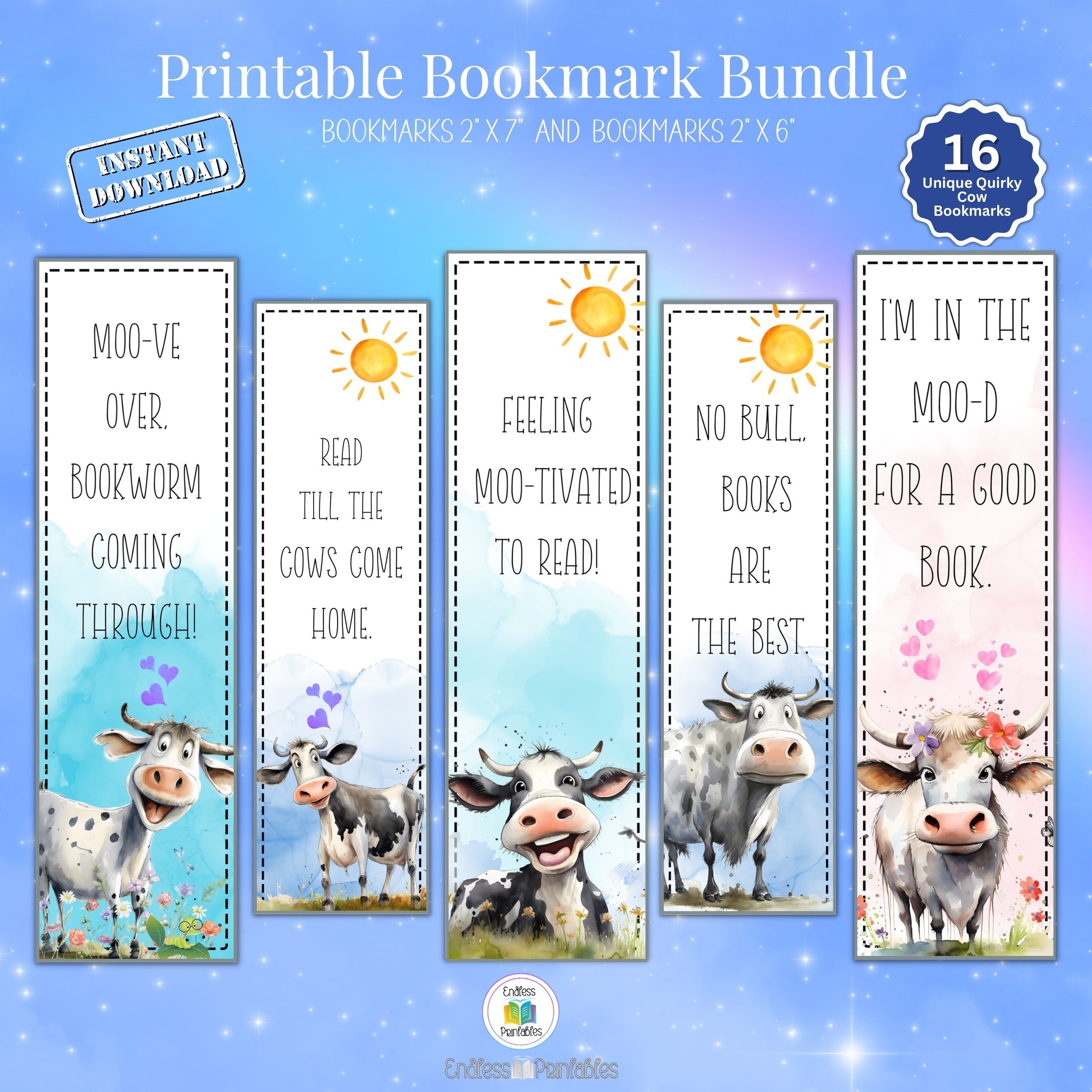 Funny Cow Bookmarks - Printable Animal Quotes Set, Book Lover Gift ...