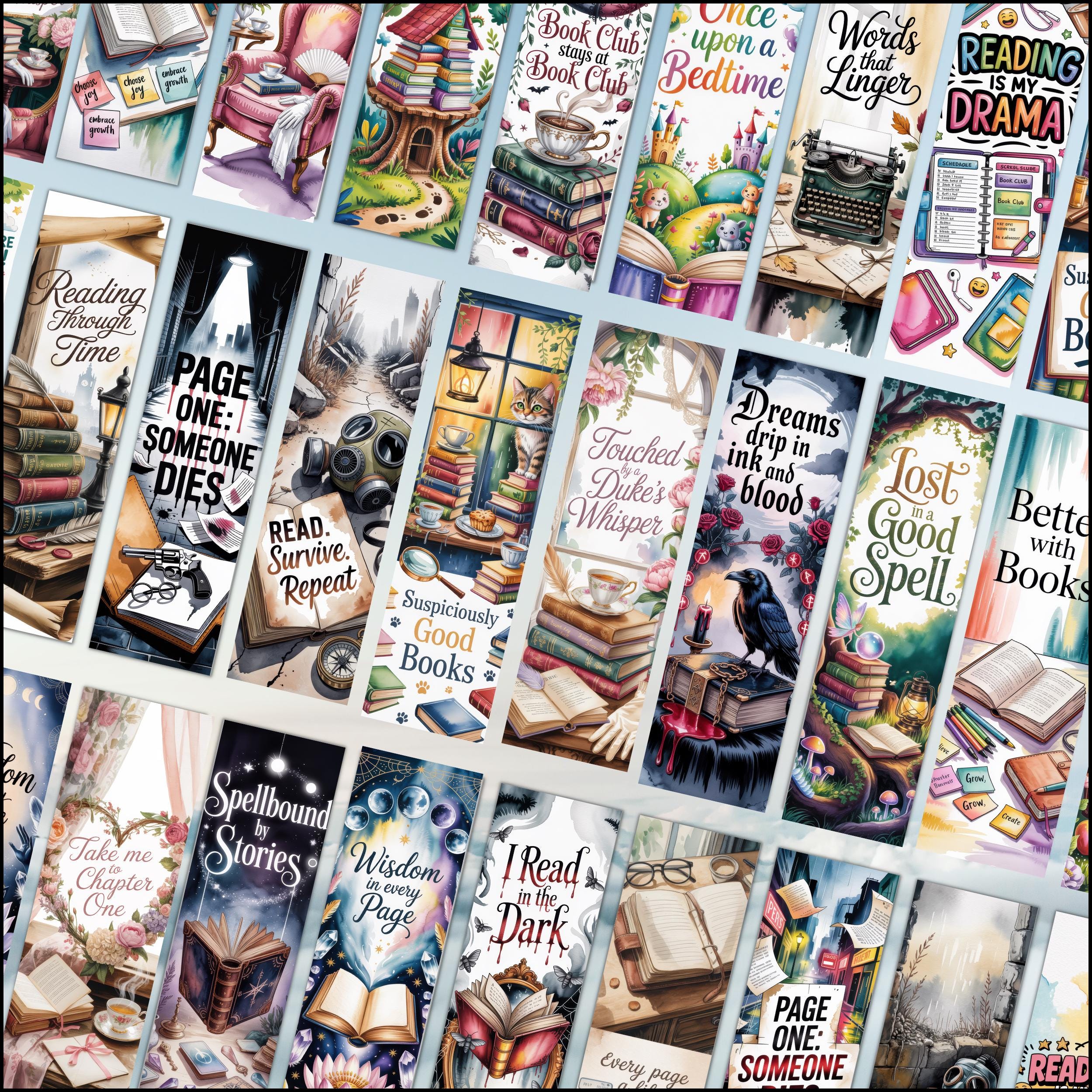 Printable Bookmarks Bundle: 74 Genre-inspired Reading Designs (PNG, PDF ...