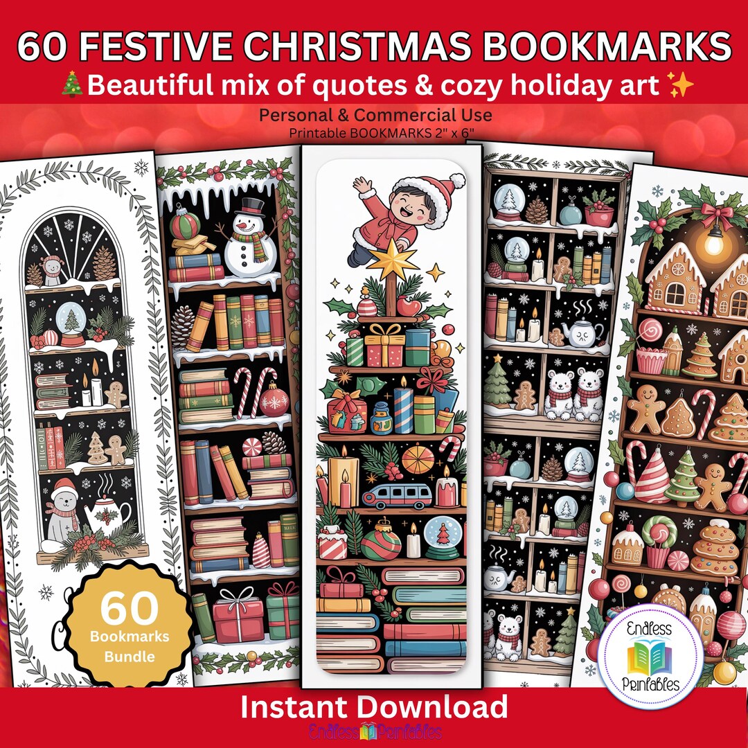 Christmas Bookmarks Printable, Holiday Bookmark Bundle, 60 Festive ...