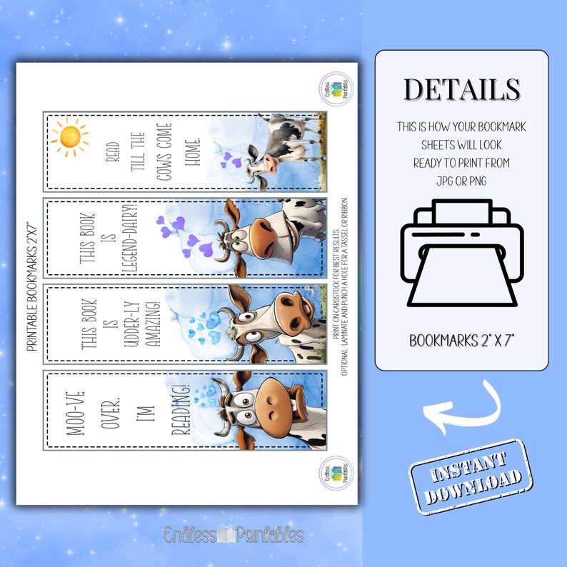 Funny Cow Bookmarks - Printable Animal Quotes Set, Book Lover Gift ...