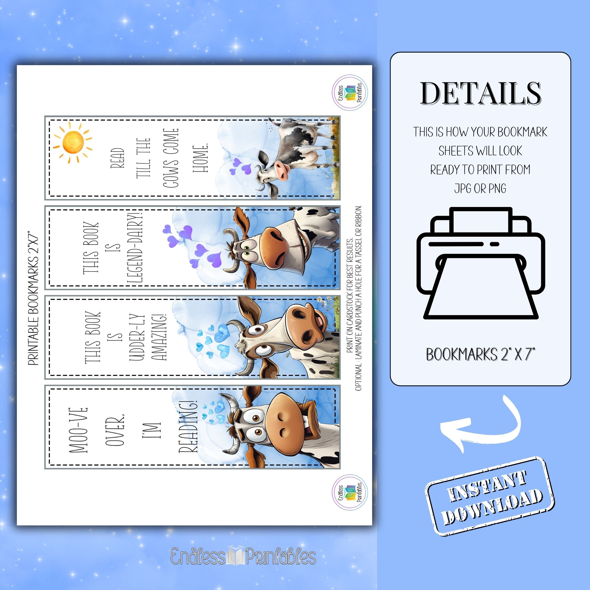 Funny Cow Bookmarks - Printable Animal Quotes Set, Book Lover Gift ...