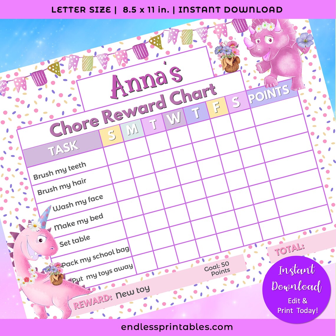 Editable Chore Chart for Kids Dinosaur Chore Chart Printable Kids ...