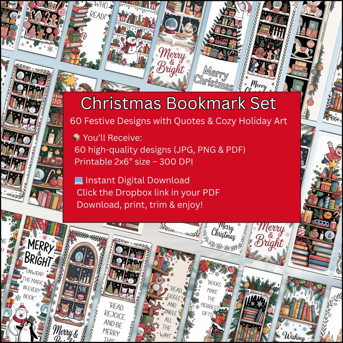 Christmas Bookmarks Printable, Holiday Bookmark Bundle, 60 Festive ...