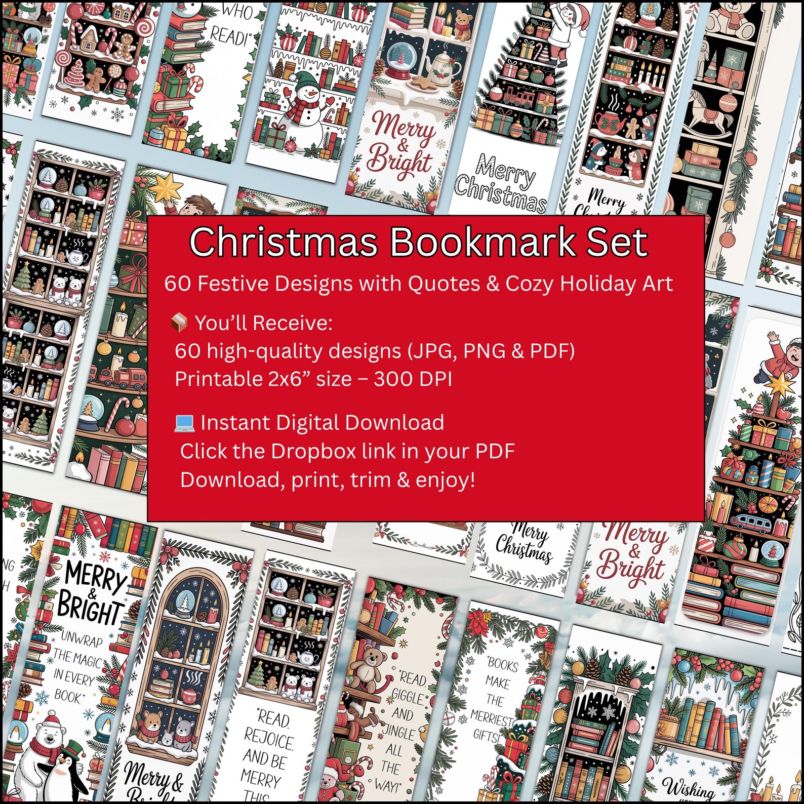 Christmas Bookmarks Printable, Holiday Bookmark Bundle, 60 Festive ...