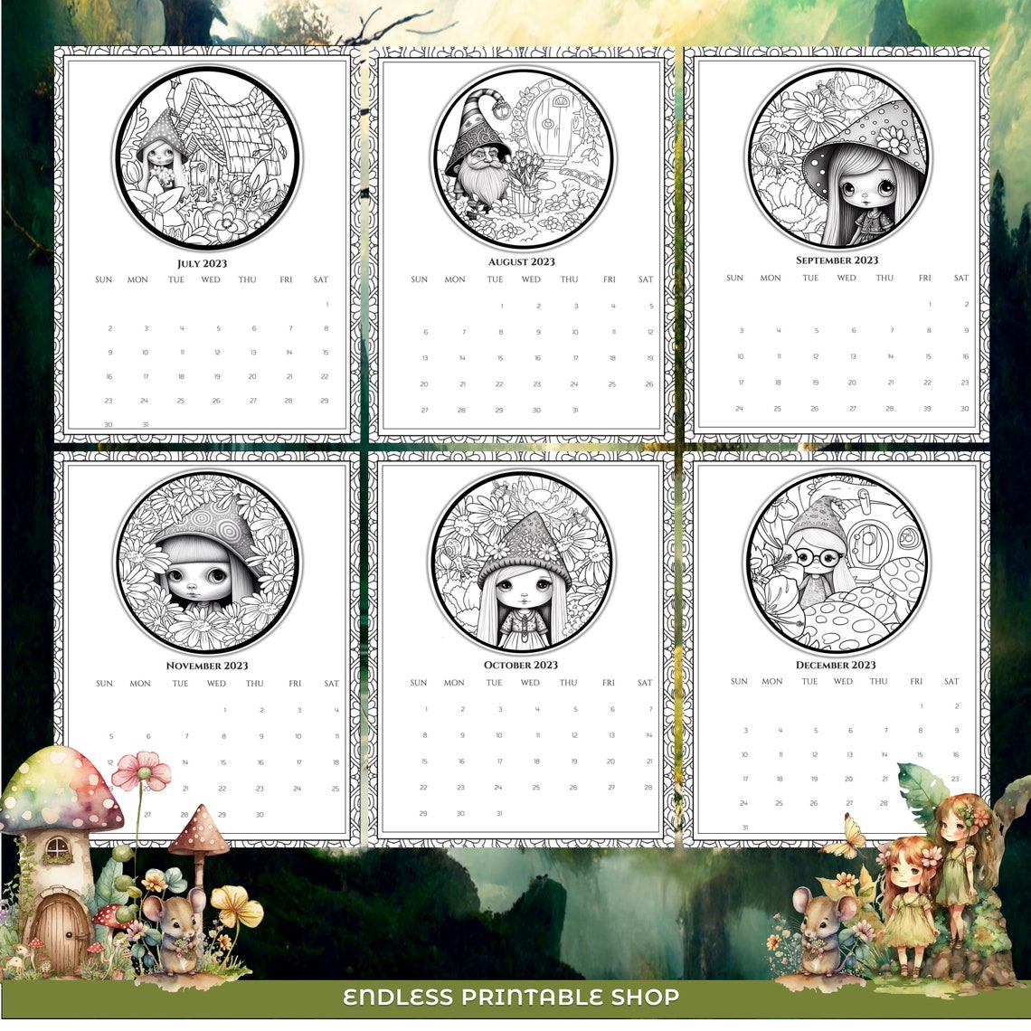 2023 Printable Calendar, Mandala Coloring, Monthly Calendar, Gnome ...