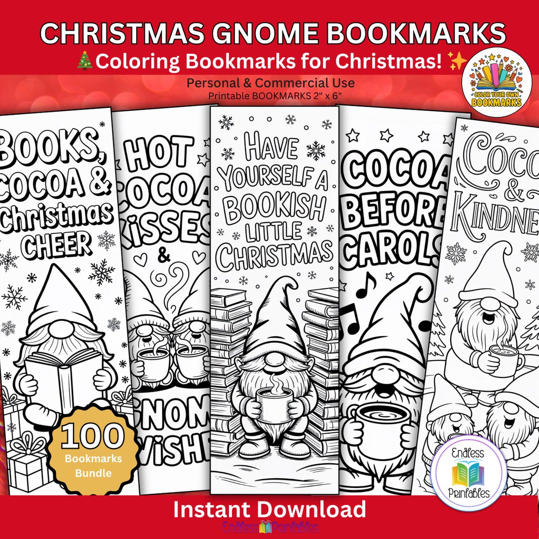 Color Your Own Christmas Gnome Bookmarks, 100 Reading & Cocoa Coloring ...