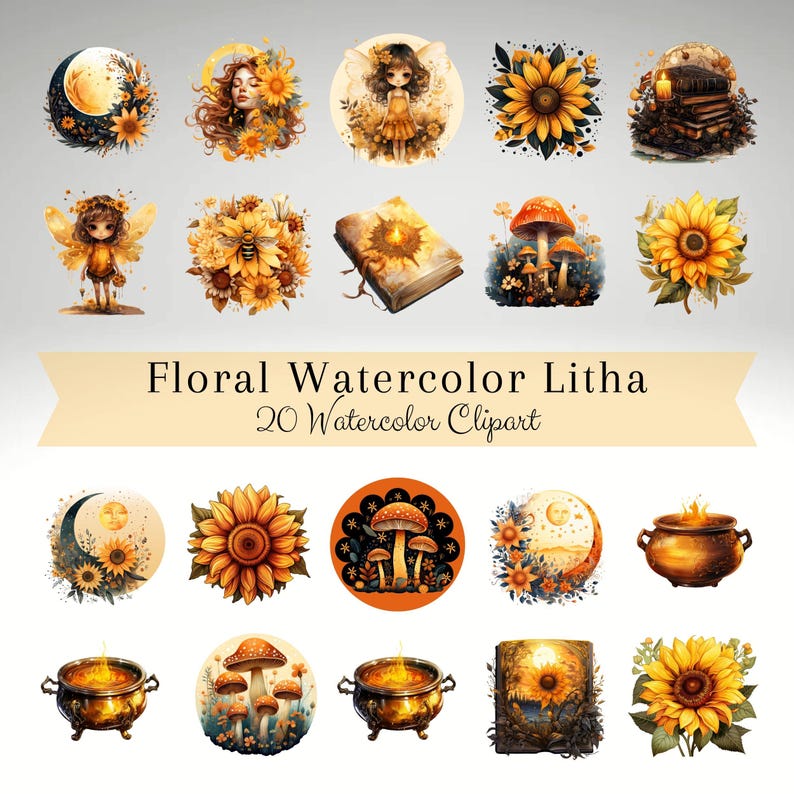 Watercolor Litha Clipart PNG Set, Floral Pagan Holiday Wiccan Art ...