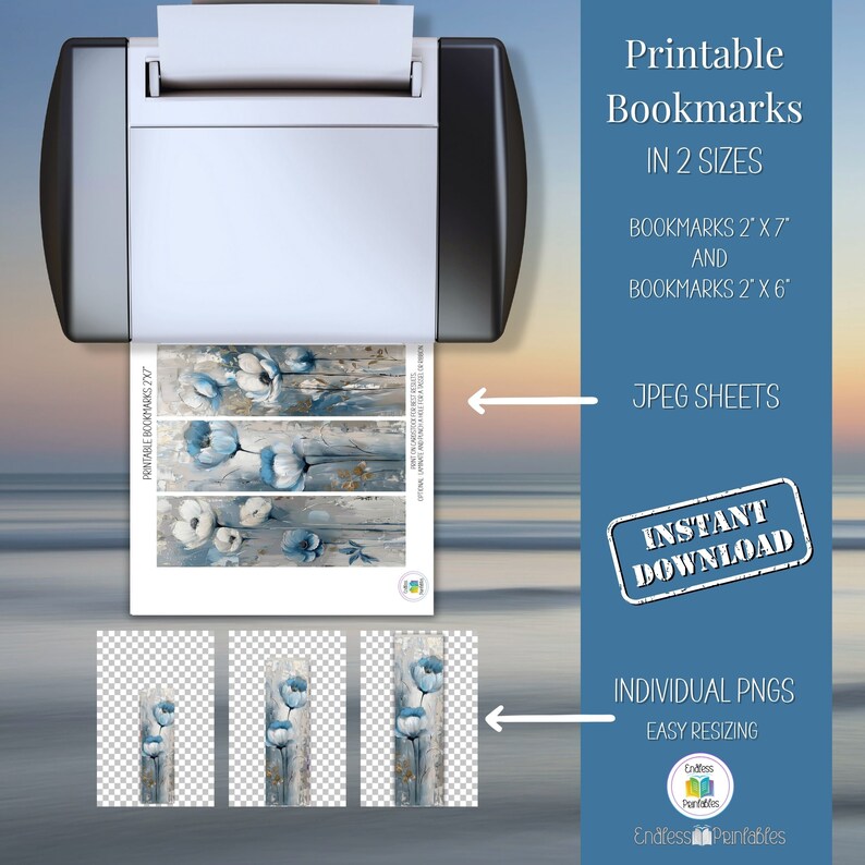 Blue Floral Bookmarks 8 Printable Flower Bookmarks Sublimation Design ...