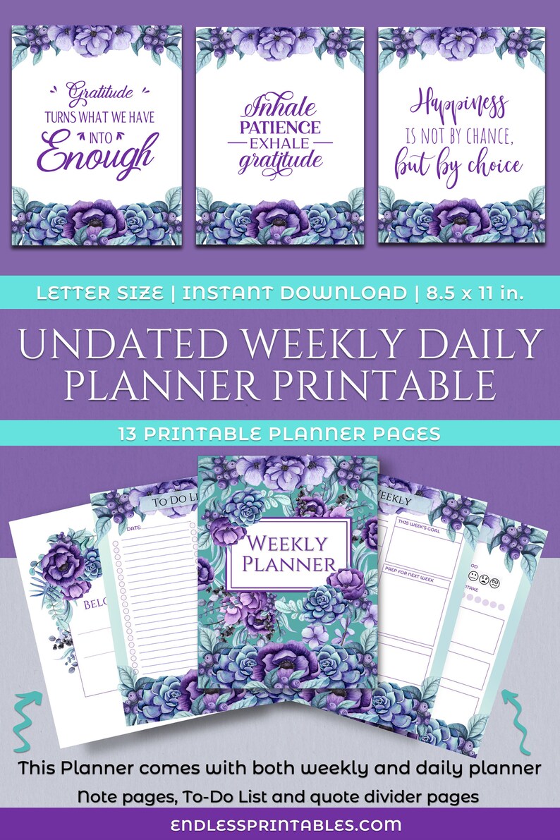 Floral Undated Weekly Planner Printable - To-do List Organizer (8.5x11 ...
