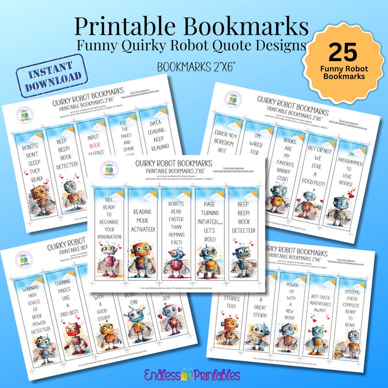 Funny Robot Bookmarks - Printable Quirky Quotes, Book Lover Gift ...