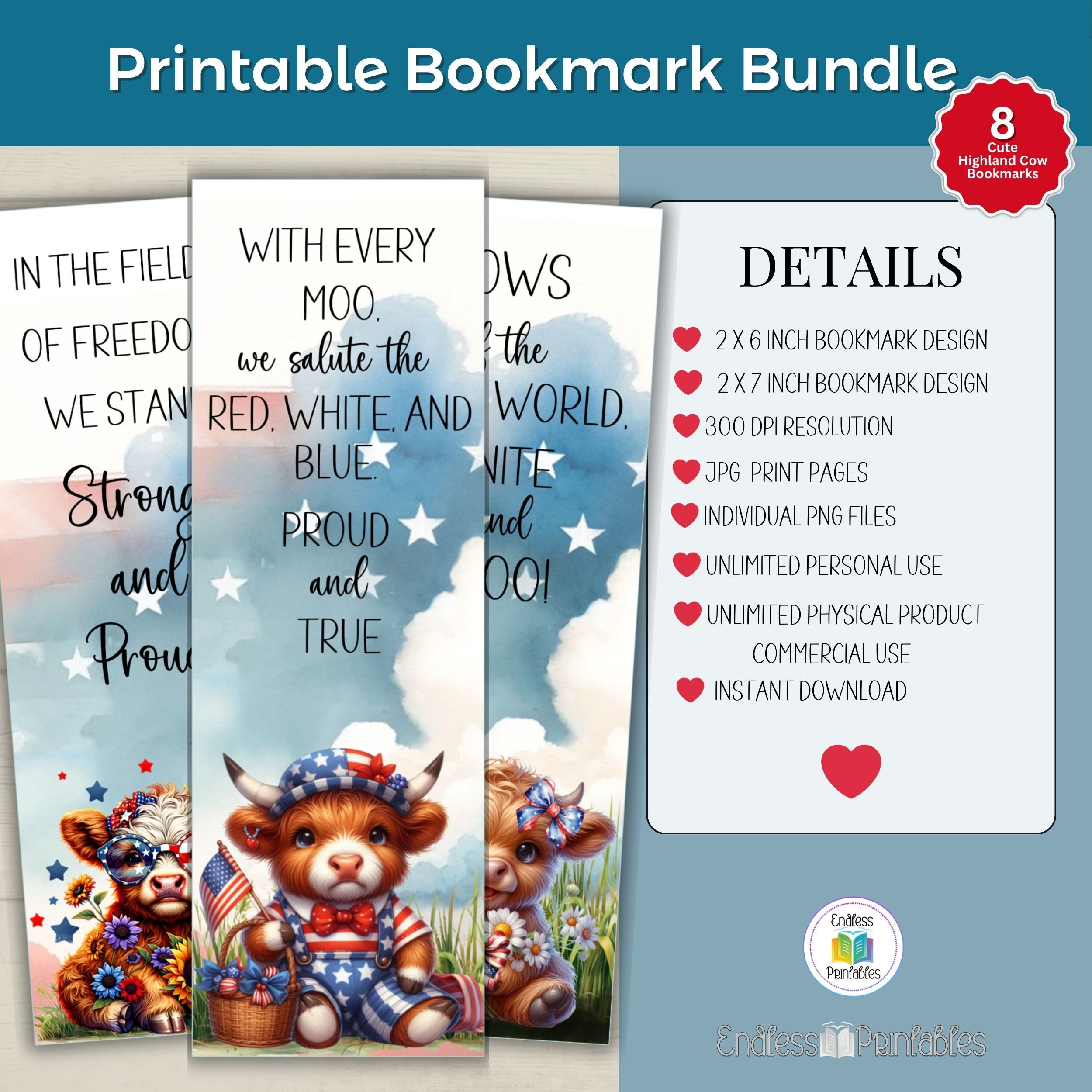 Highland Cow Bookmark Printable – Patriotic Designs (digital Download ...