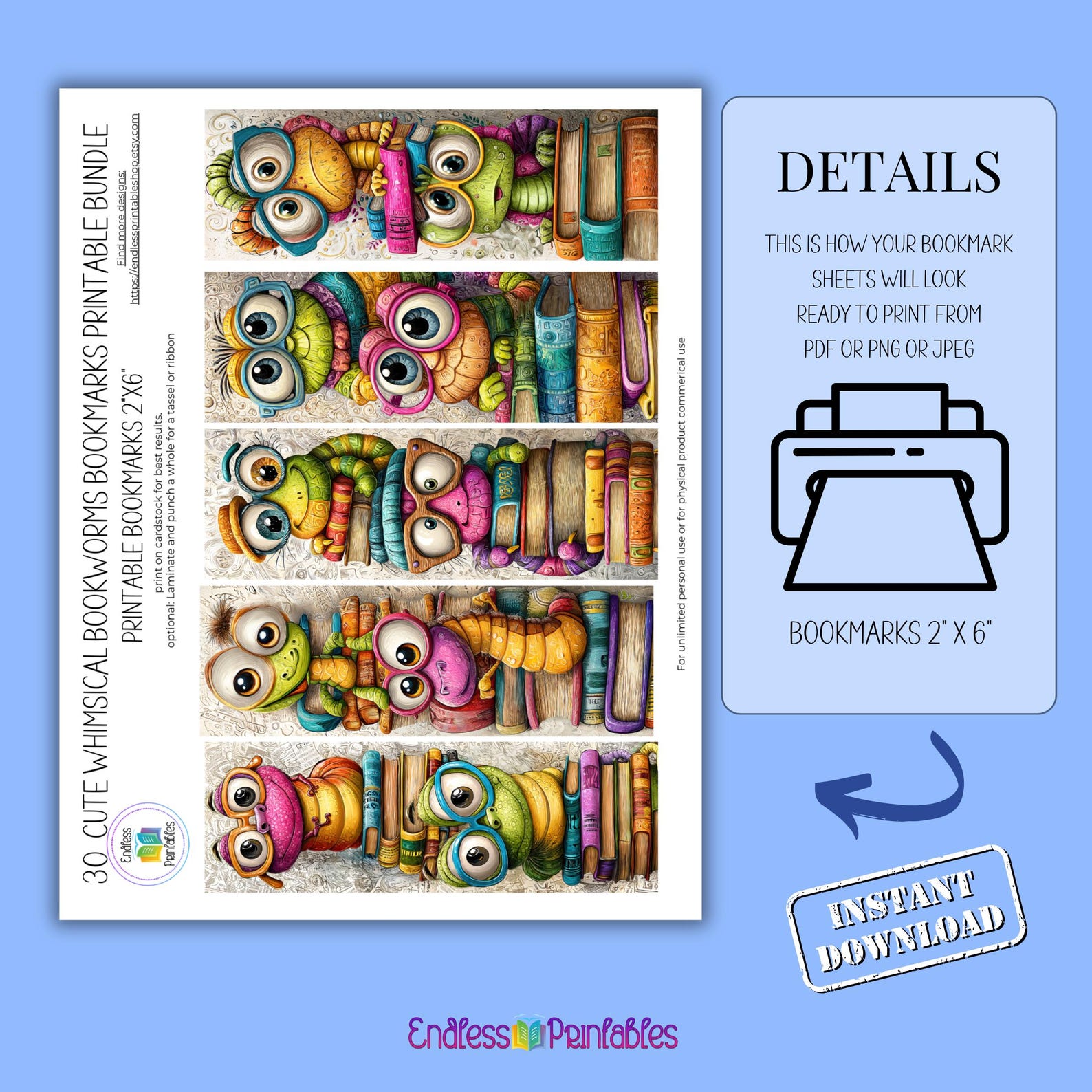 Whimsical Bookworm Bookmarks, 30 Designs (PNG, PDF, JPG) - Etsy