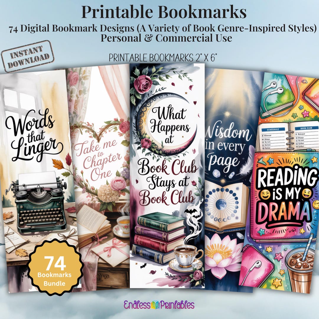 Printable Bookmarks Bundle: 74 Genre-inspired Reading Designs (PNG, PDF ...