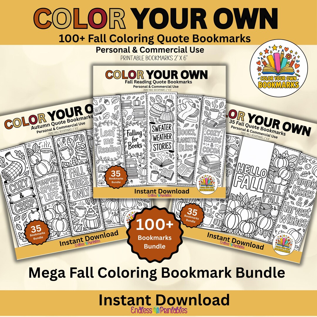 100+ Fall Coloring Bookmarks -3 Printable Autumn Bookmark Quote Bundles ...