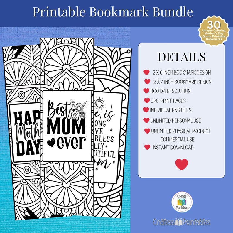 Mother's Day Coloring Bookmarks - 30 Unique Printable Designs (digital ...