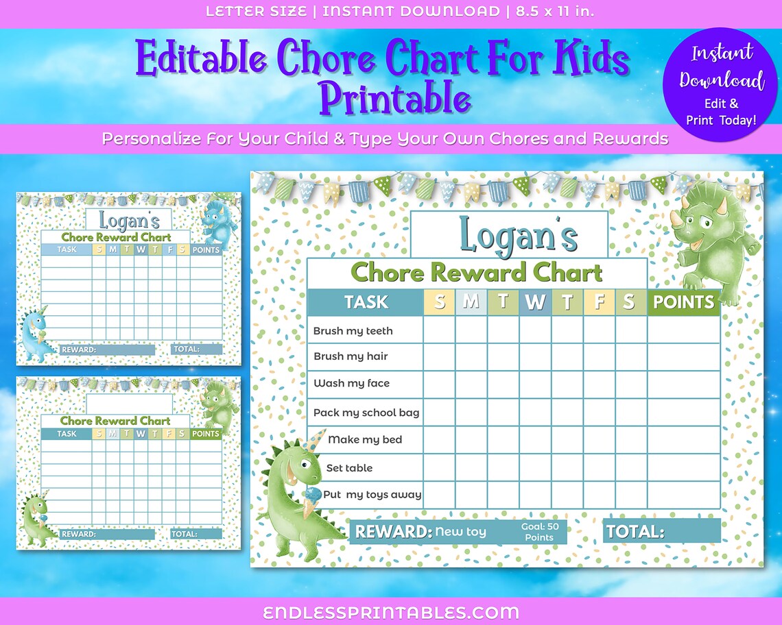Editable Chore Chart for Kids, Dinosaur Chore Chart printable Kids ...