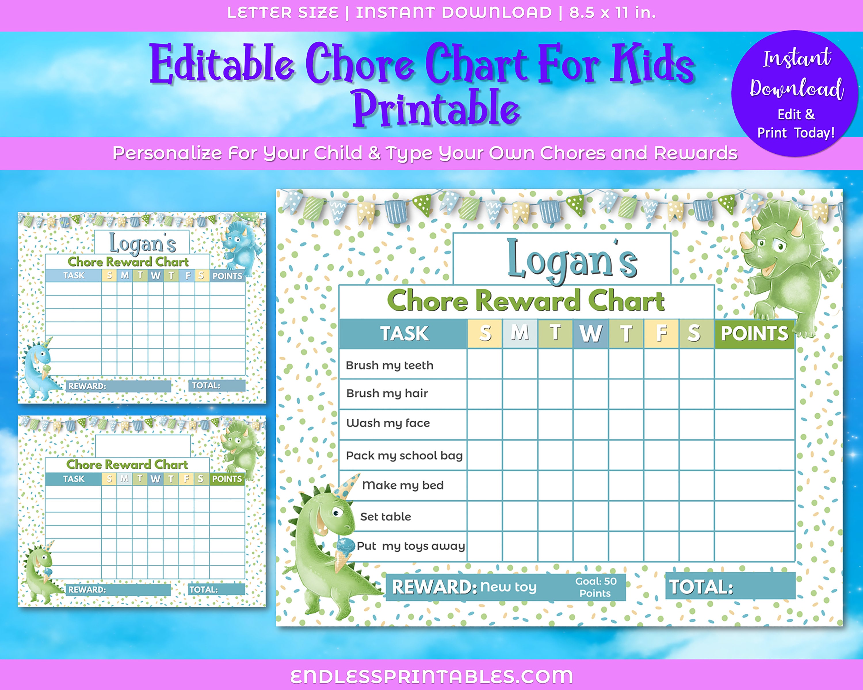 Editable Chore Chart for Kids, Dinosaur Chore Chart |printable Kids ...