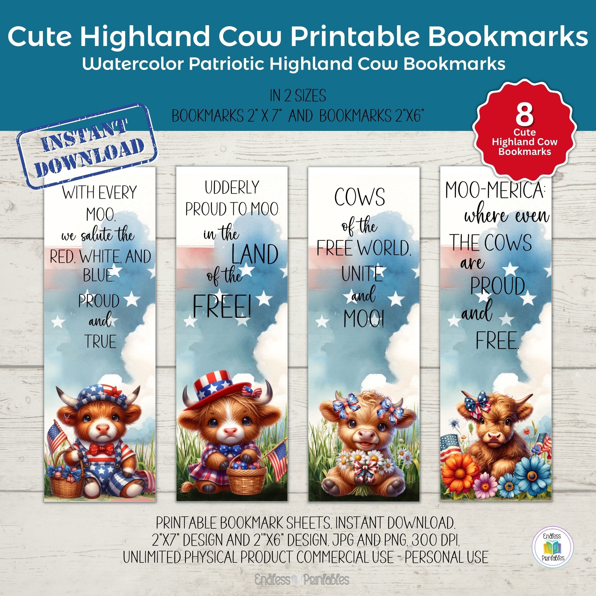 Cute Highland Cow Bookmark Printable Patriotic Highland Cow Bookmark ...