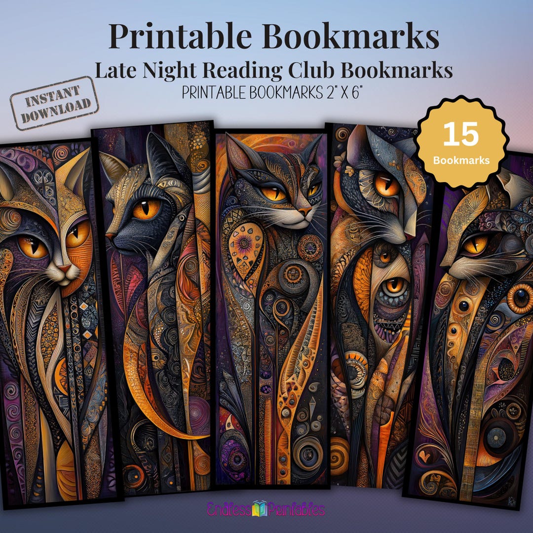 15 Abstract Cat Bookmark Set, Art Deco Cats Printable Bookmark for ...