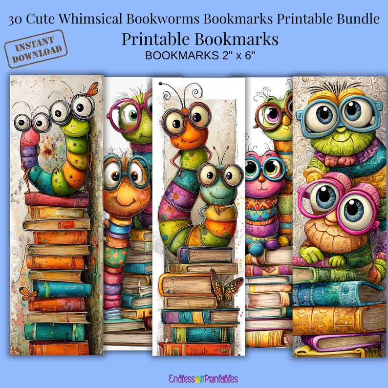 Whimsical Bookworm Bookmarks, 30 Designs (PNG, PDF, JPG) - Etsy