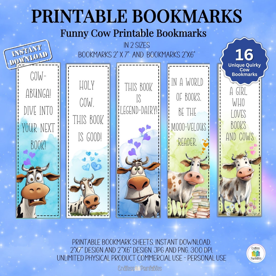 Funny Cow Bookmarks - Printable Animal Quotes Set, Book Lover Gift ...