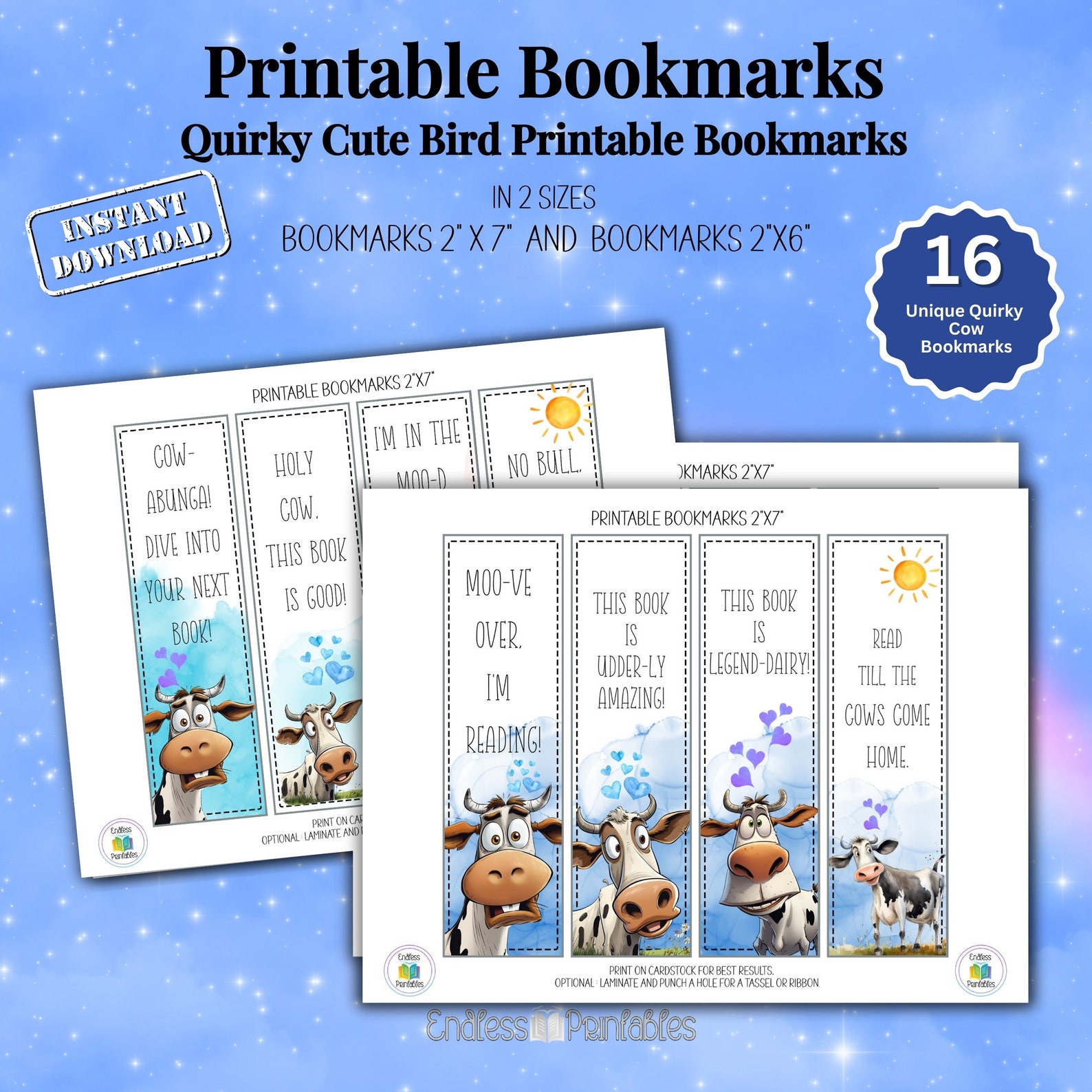 Funny Cow Bookmarks - Printable Animal Quotes Set, Book Lover Gift ...