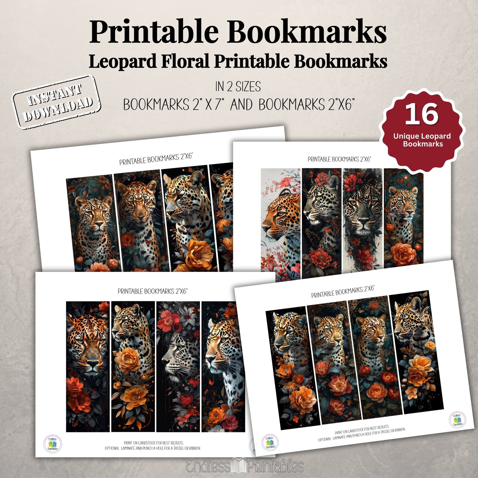 Leopard Floral Bookmark Printable Animal Bookmarks Bundle Sublimation ...