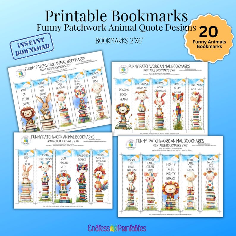 Patchwork Animal Bookmark Set - Printable Book Lover Gift (digital ...