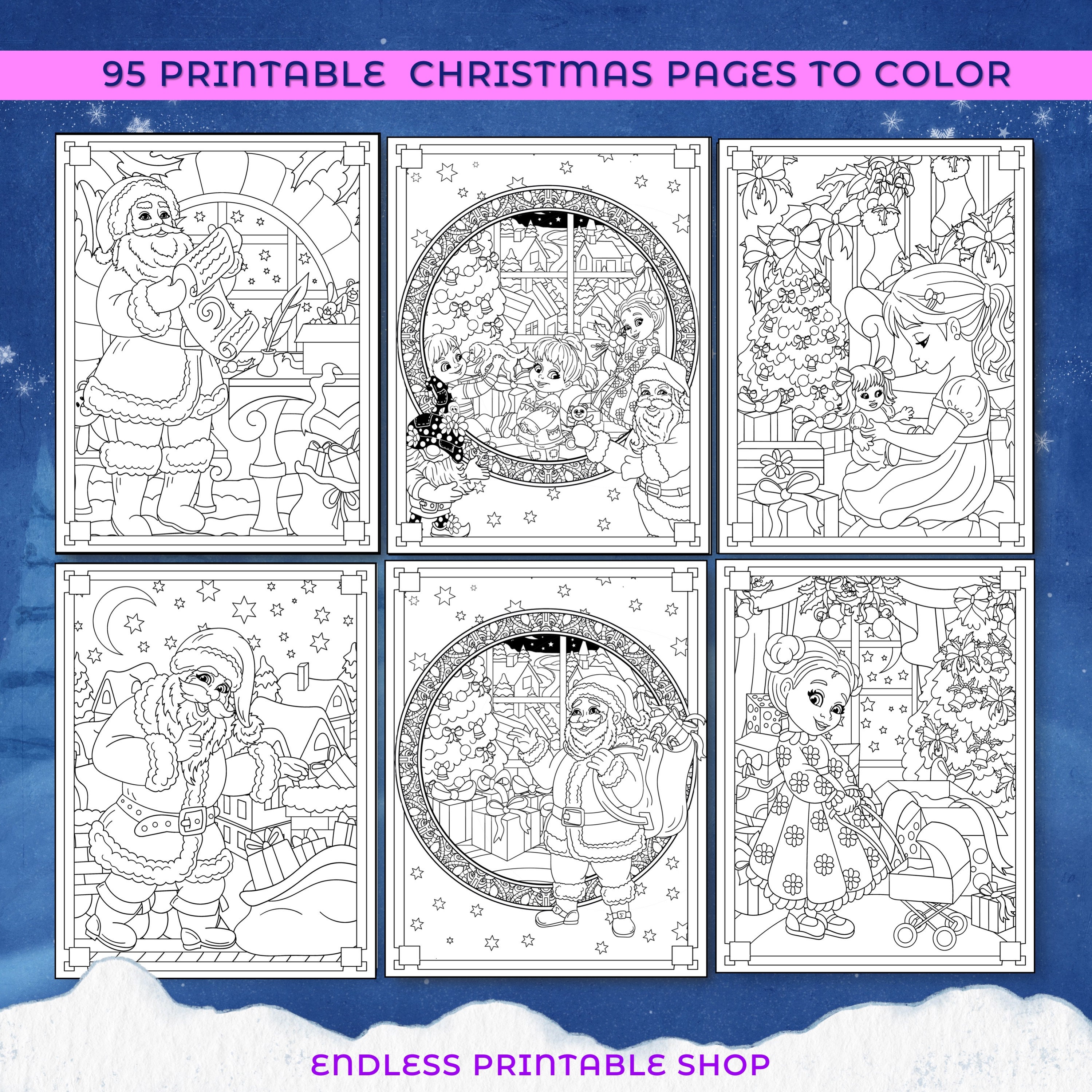 Merry Christmas Coloring Page 95 Cute Santa and Kids - Etsy