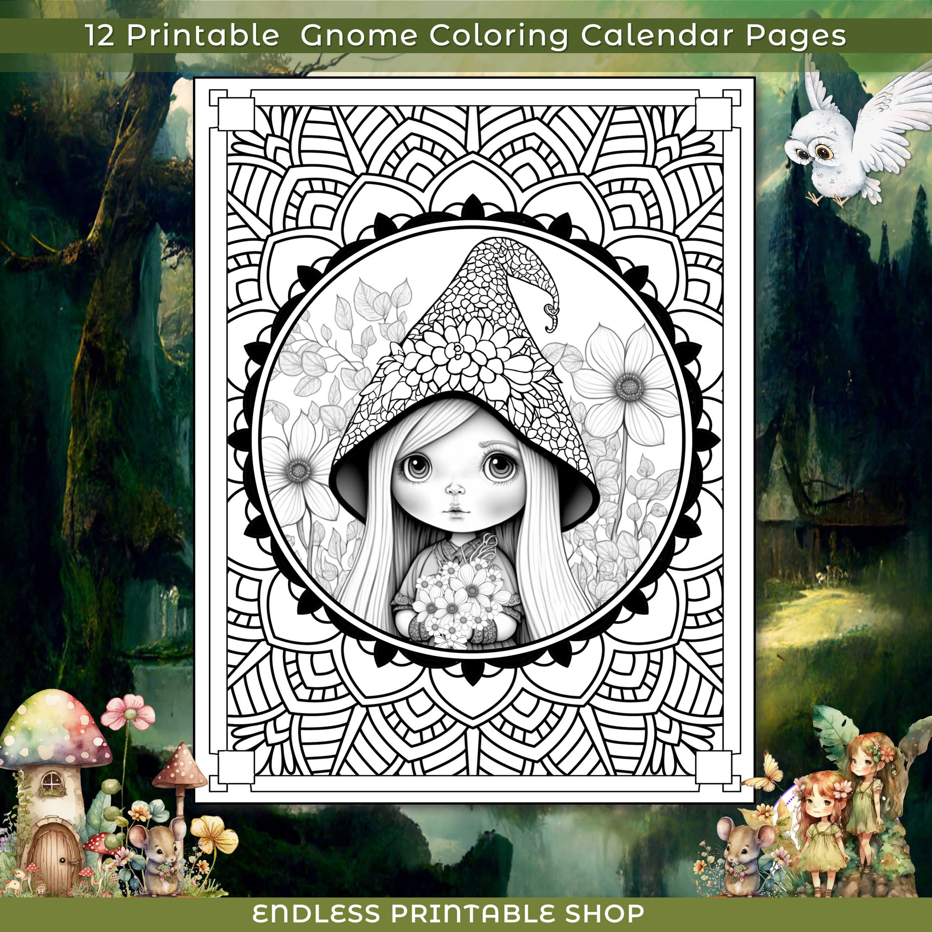 2023 Printable Calendar, Mandala Coloring, Monthly Calendar, Gnome ...