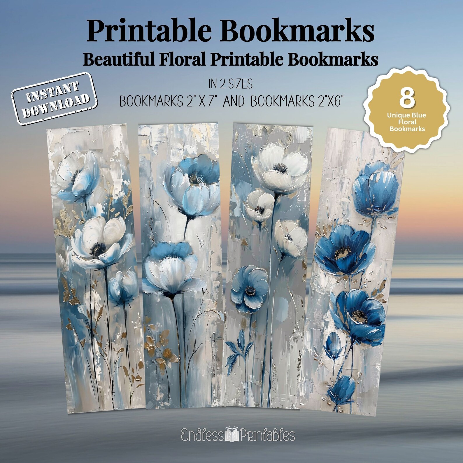 Blue Floral Bookmarks - Printable Flower Design Set (digital Download ...