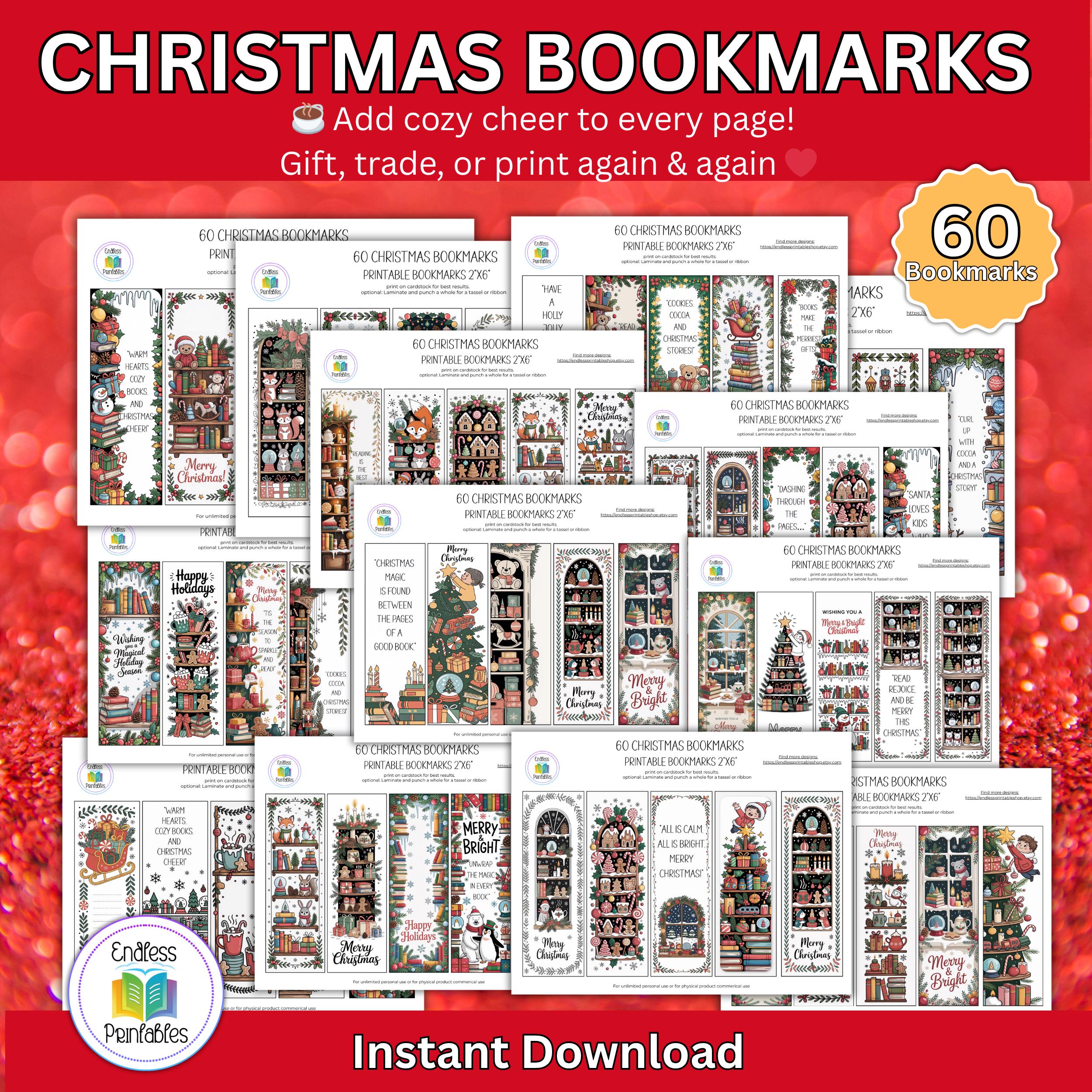Christmas Bookmarks Printable, Holiday Bookmark Bundle, 60 Festive ...