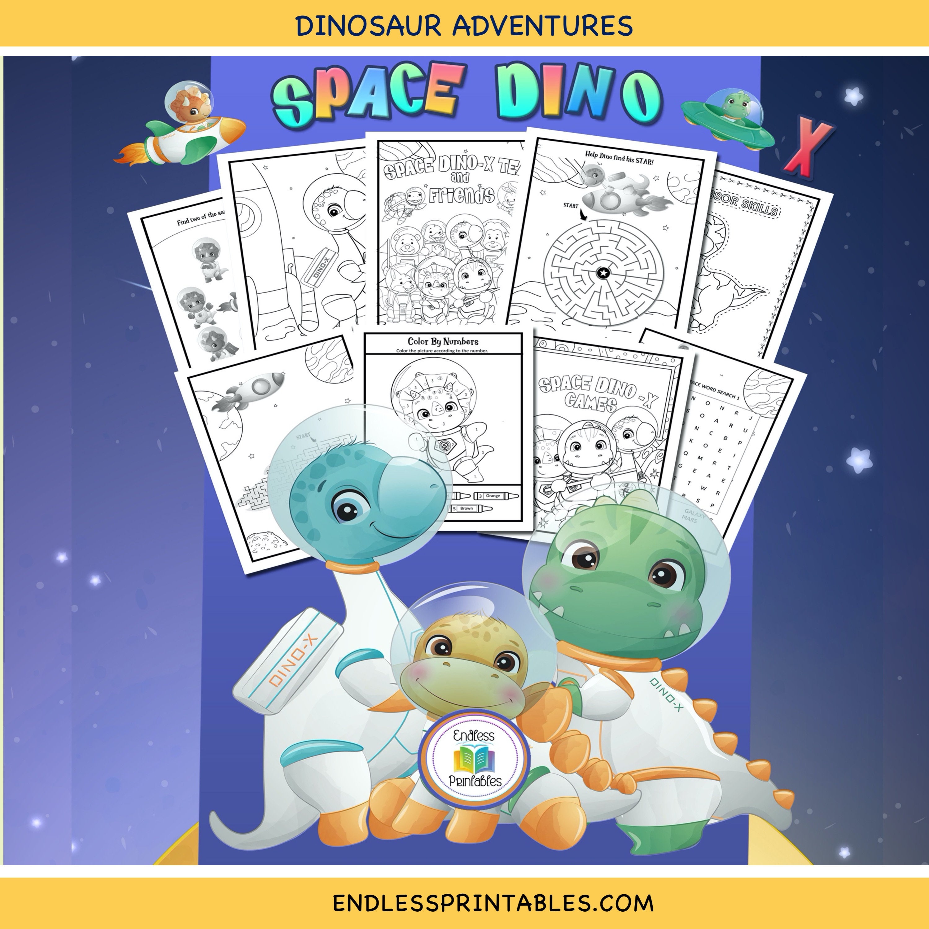 Space Dino Coloring Book - 60+ Printable Kids Activity Pages (digital ...