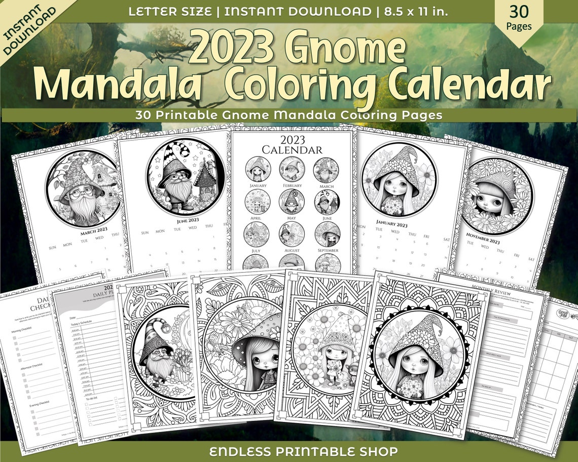 2023 Printable Calendar, Mandala Coloring, Monthly Calendar, Gnome ...