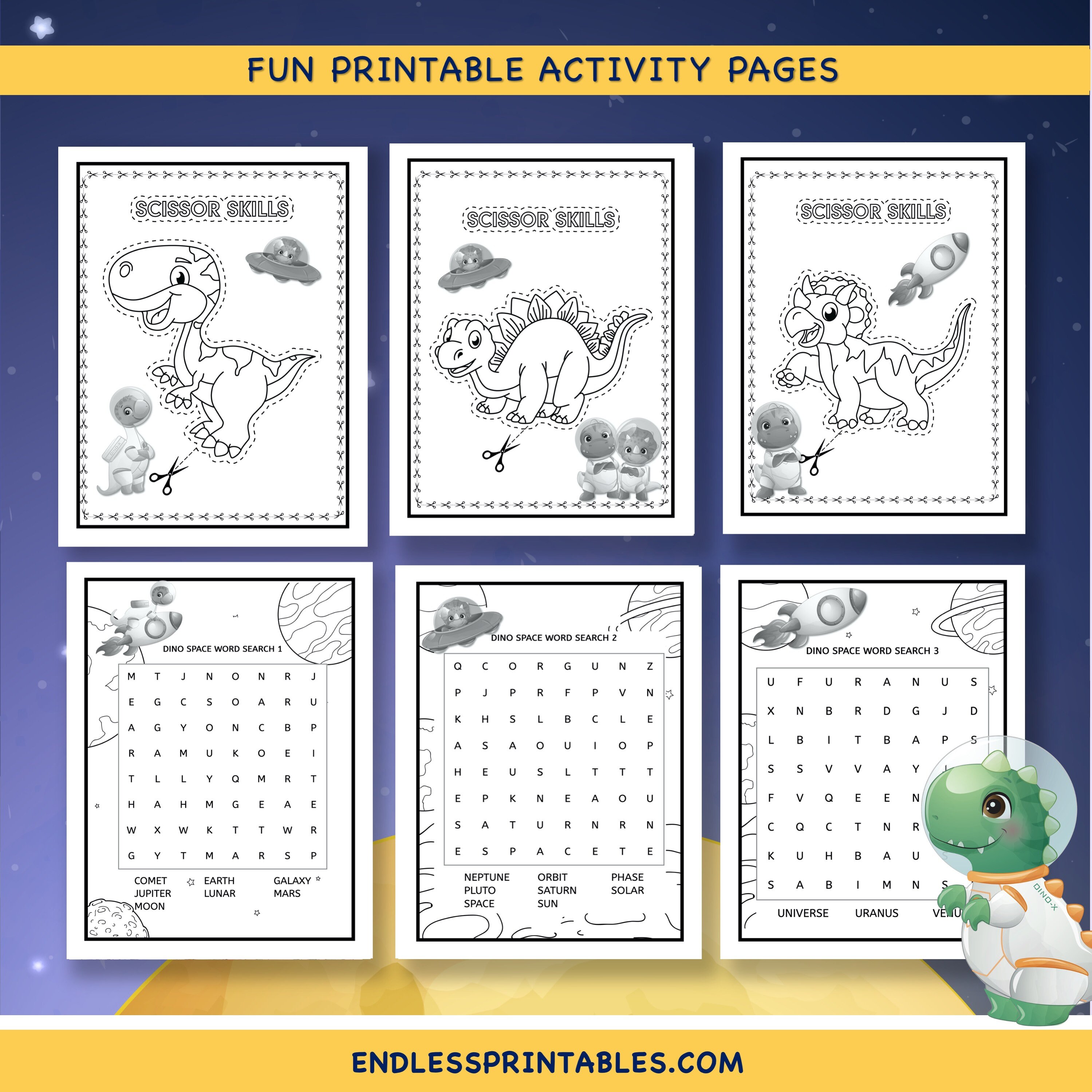 Space Dino Coloring Book - 60+ Printable Kids Activity Pages (digital ...