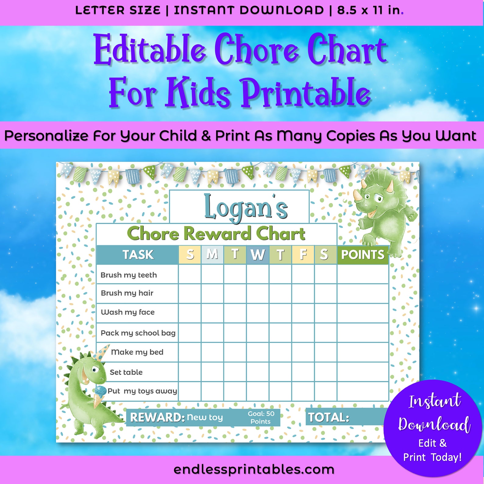 Editable Chore Chart for Kids, Dinosaur Chore Chart printable Kids ...