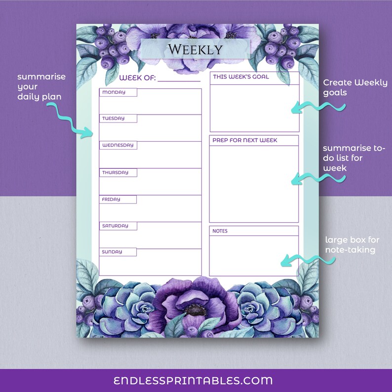 Floral Undated Weekly Planner Printable - To-do List Organizer (8.5x11 ...