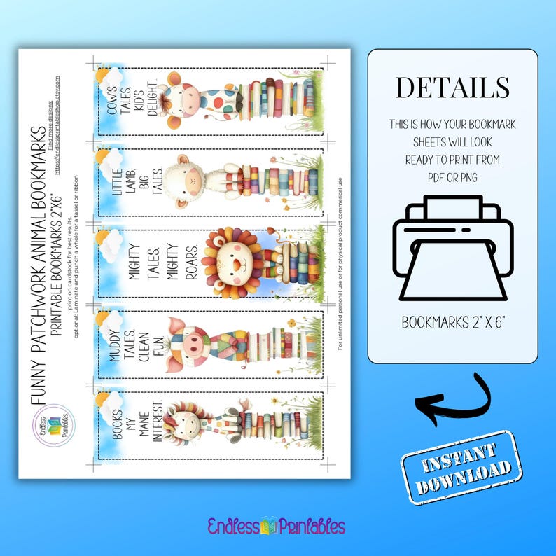 Patchwork Animal Bookmark Set - Printable Book Lover Gift (digital ...