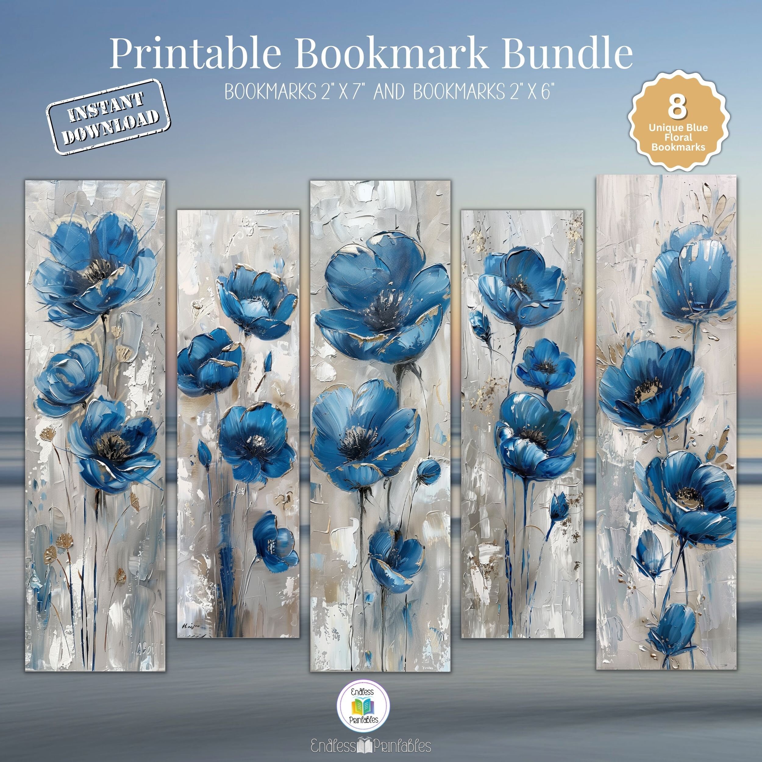 Blue Floral Bookmarks 8 Printable Flower Bookmarks Sublimation Design ...