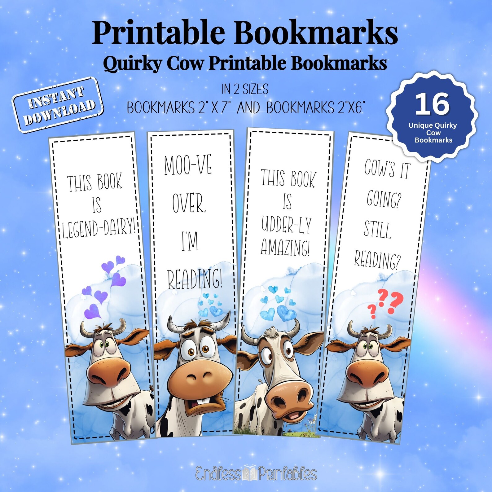 Funny Cow Bookmarks - Printable Animal Quotes Set, Book Lover Gift ...