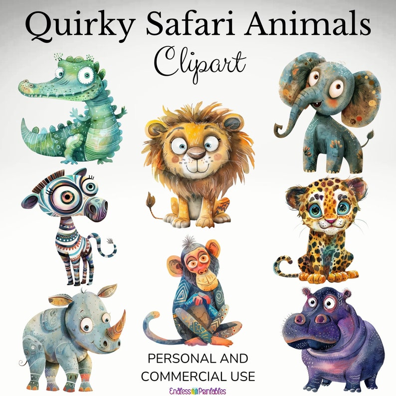 Quirky Animals PNG Clipart Bundle Whimsical Safari Animals Sublimation ...