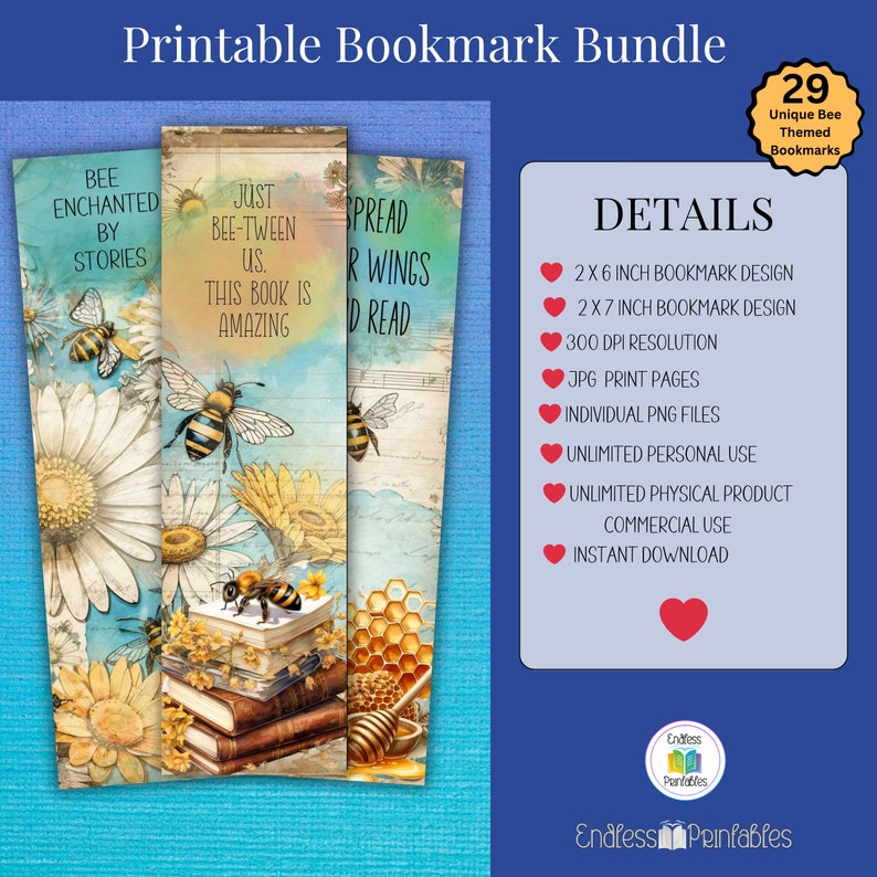 Bee Bookmarks - Printable Bookmark Bundle Set (digital Download) - Etsy