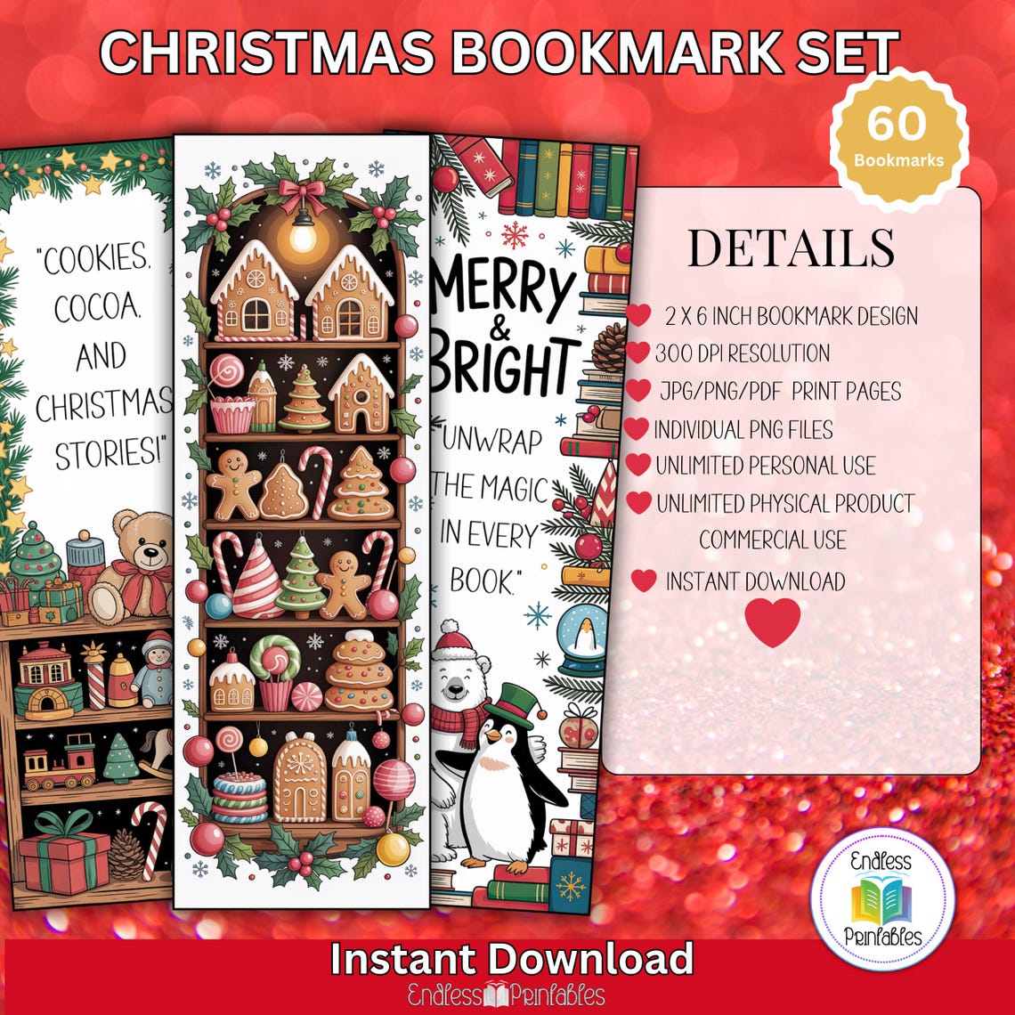 Christmas Bookmarks Printable, Holiday Bookmark Bundle, 60 Festive ...